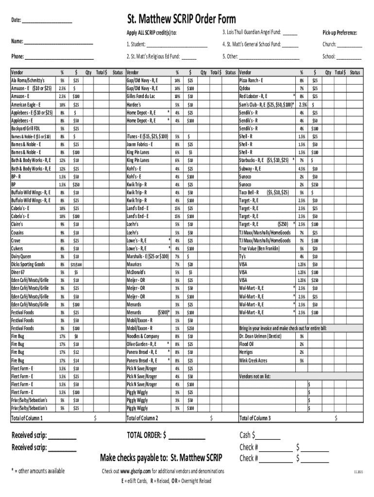 Fillable Online Fillable Online Date: St. Matthew SCRIP Order Form Pick-up ... Fax Email Print ...