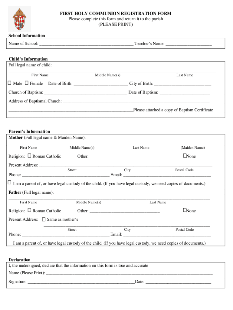 Fillable Online FIRST HOLY COMMUNION REGISTRATION FORM Please complete ... Fax Email Print ...