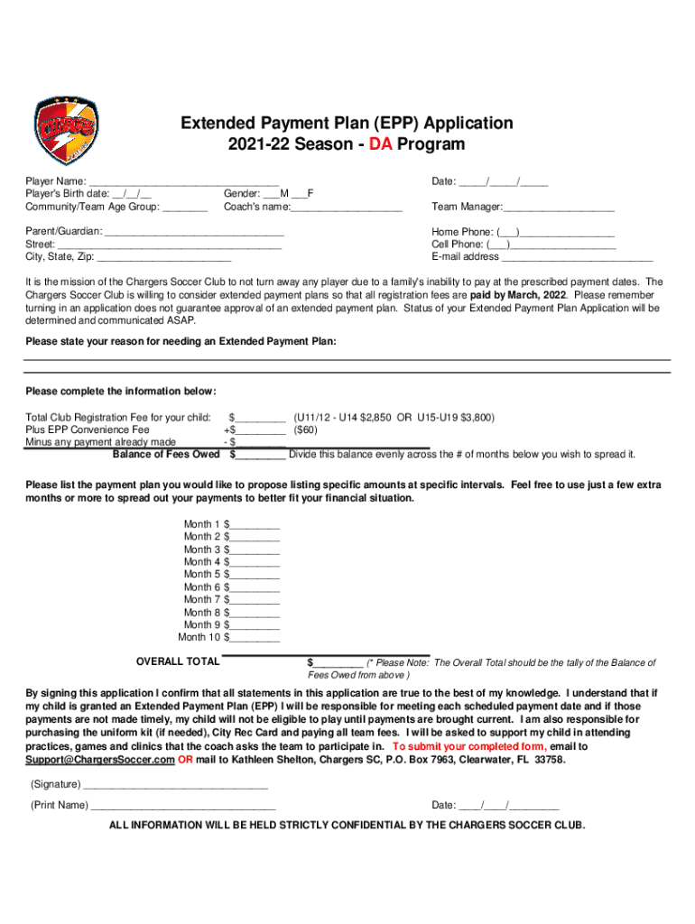 Fillable Online Extended Payment Plan (EPP) Application 2021-22 Season ...