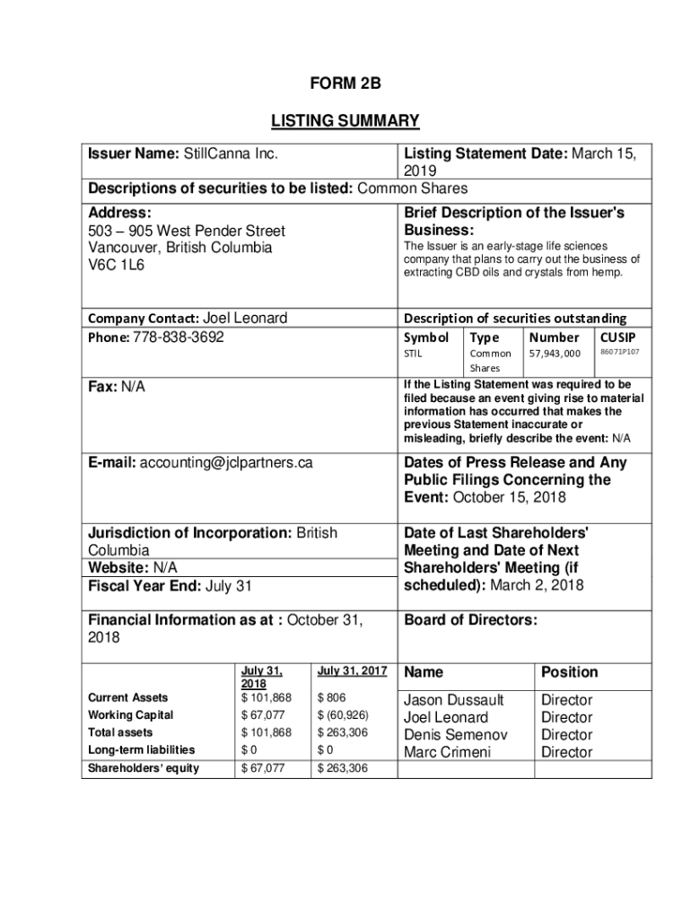 Fillable Online FORM 2B LISTING SUMMARY Issuer Name: General Gold ...