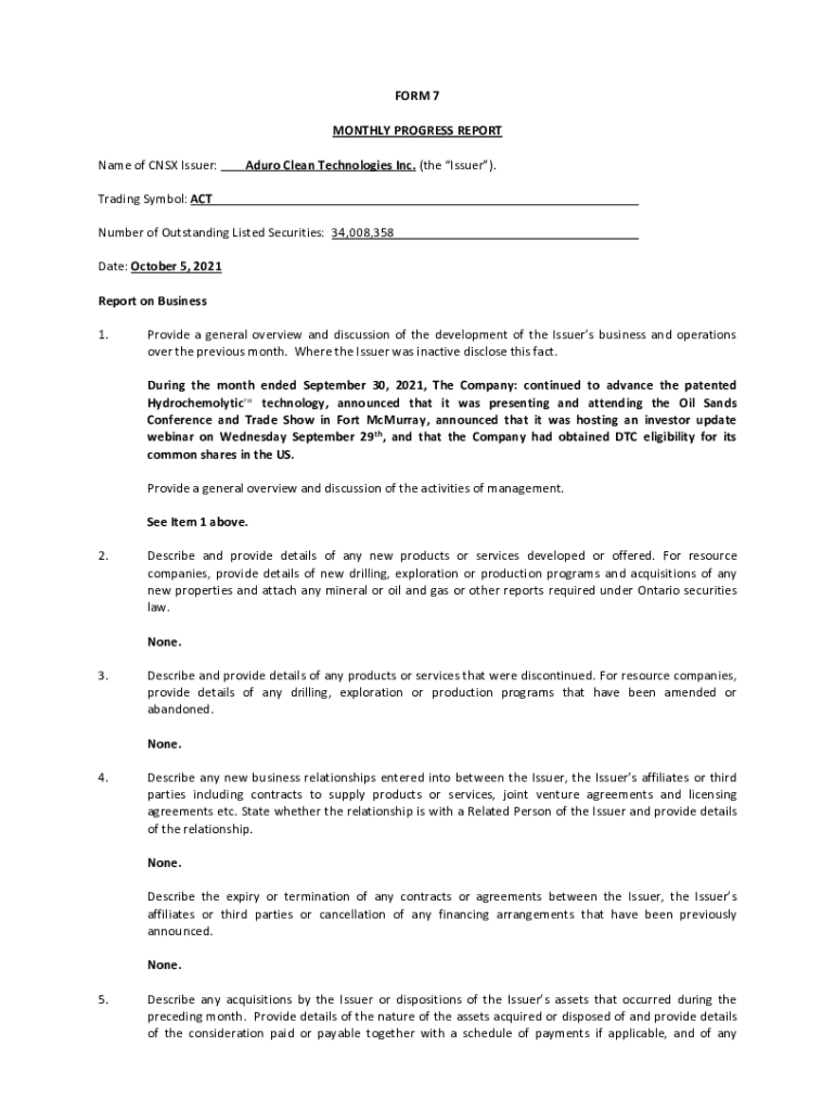 Fillable Online Glance Technologies Inc. FORM 7 MONTHLY PROGRESS REPORT ...