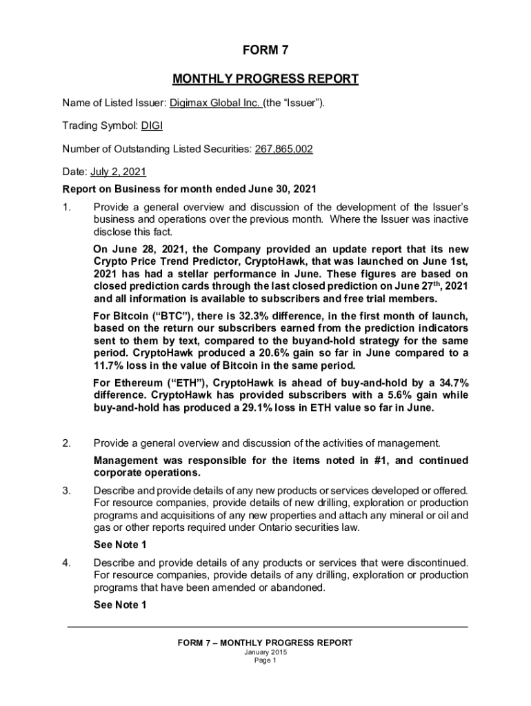 Fillable Online CSE - FORM 7 Monthly Progress Report June 2021 Fax ...