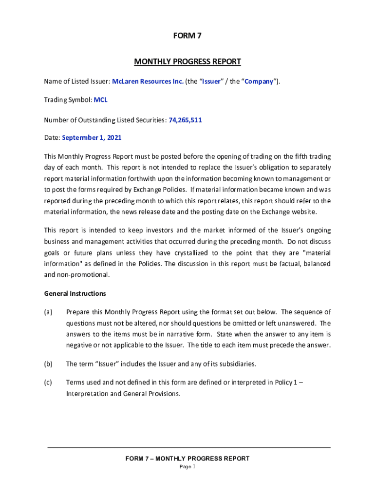 Fillable Online MCL - Form 7 - Monthly Progress Report August 2021 Fax ...
