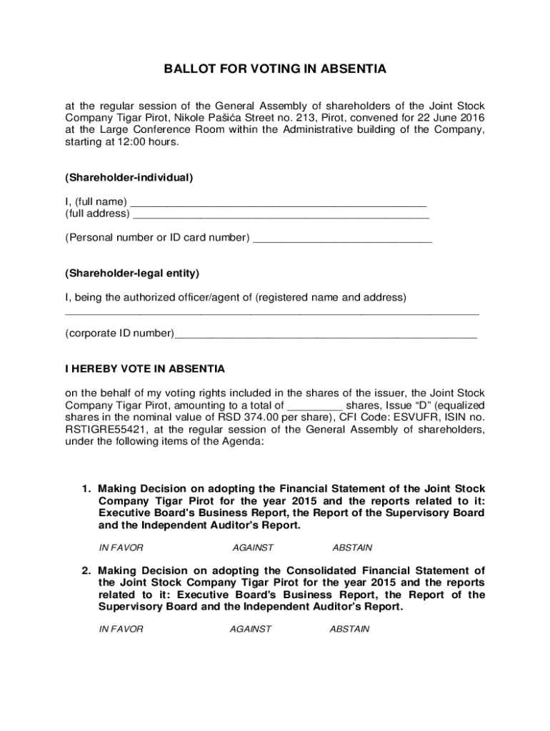 Fillable Online Fillable Online BALLOT FOR VOTING IN ABSENTIA ...