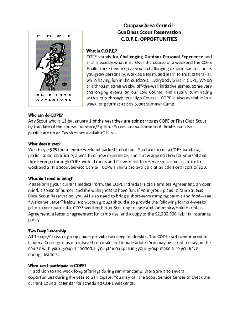 Fillable Online Quapaw Area Council Gus Blass Scout Reservation C.O.P.E ...