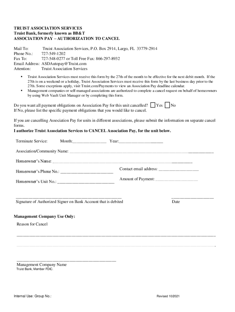 Fillable Online TRUIST ASSOCIATION SERVICES Truist Bank, formerly known ...