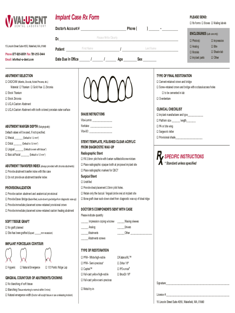 Fillable Online val-u-dent.com 5428-ValDentImplant-Rx-FormImplant Case ...