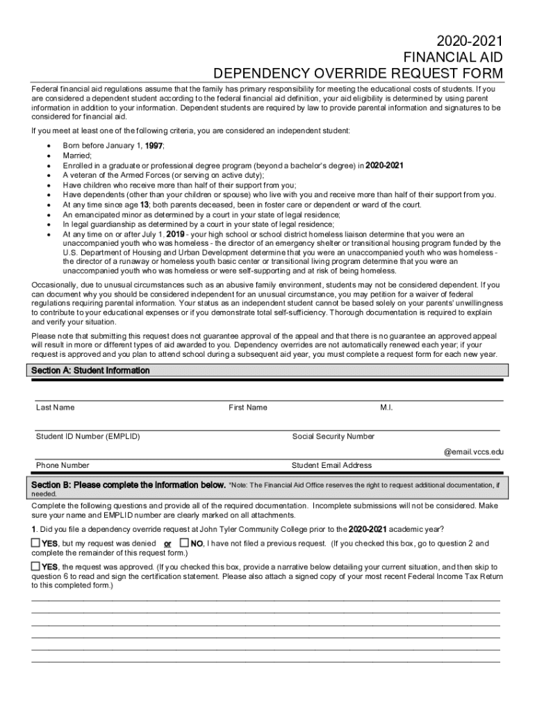 Fillable Online 2020-2021 Financial Aid Dependency Override Request ...