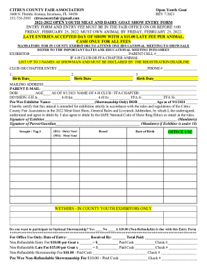 Fillable Online 2021-2022 OPEN YOUTH MEAT AND DAIRY GOAT SHOW ENTRY ...