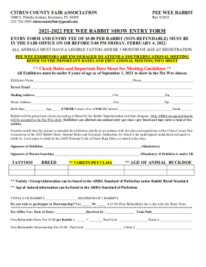 Fillable Online Fillable Online Pee Wee Rabbit Entry Form - 2020-2021 ...