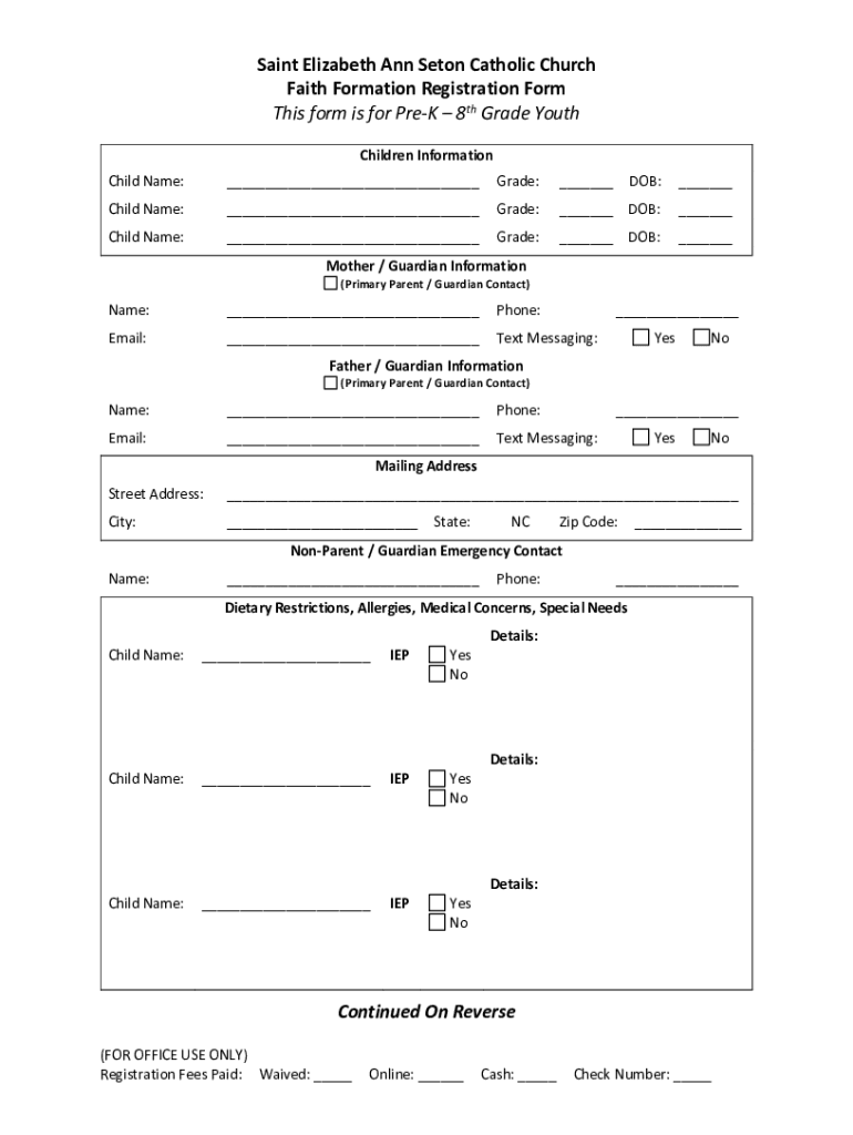 Fillable Online Parish Registration FormSaint Elizabeth Ann Seton Fax ...