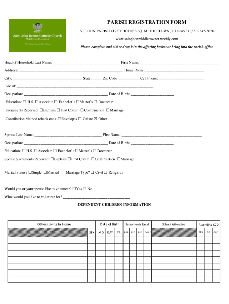 Fillable Online Saint John Roman Catholic Parish Registration Form Fax ...