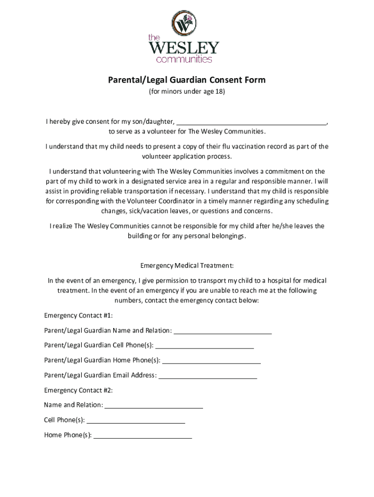 Fillable Online Parental/Legal Guardian Consent Form - Wesley Glen Fax ...