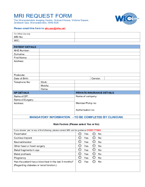 Fillable Online MRI Request Form - Worcestershire Imaging Centre ...