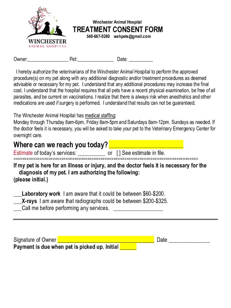 Fillable Online Winchester Animal Hospital TREATMENT CONSENT FORM Fax ...