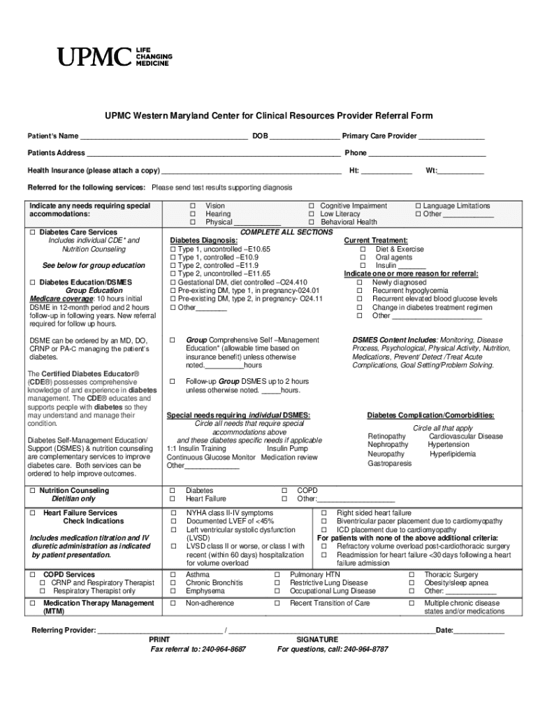 Fillable Online UPMC Western Maryland Center for Clinical Resources ...