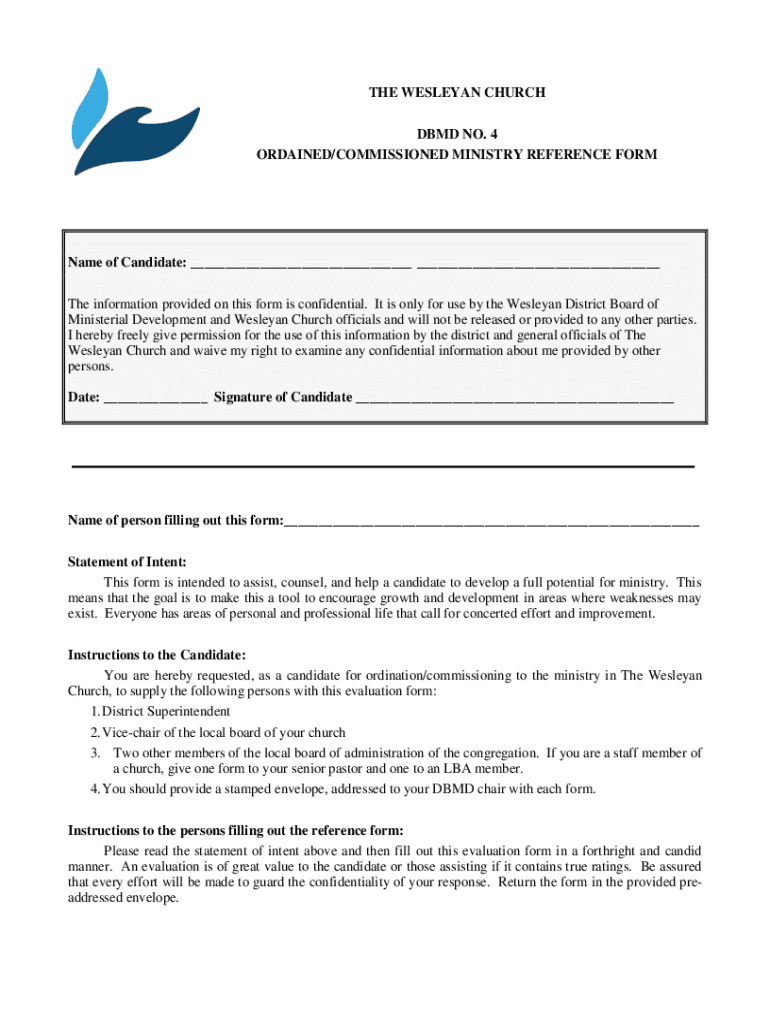 Fillable Online DBMD Form 4Ordination ReferenceEducation and Ministry ...