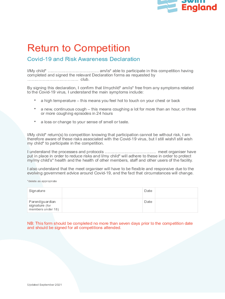 Fillable Online Return to Competition Health Declaration Form-2 Fax ...