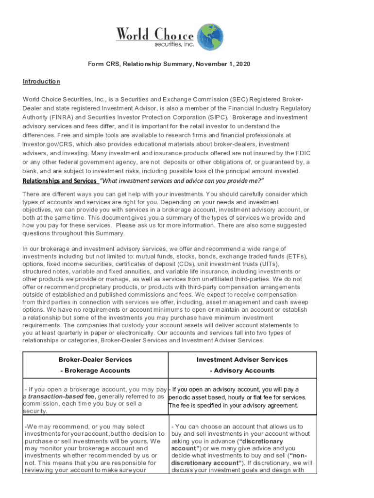 Fillable Online Form CRS Relationship Summary; Amendments to Form ADV ...