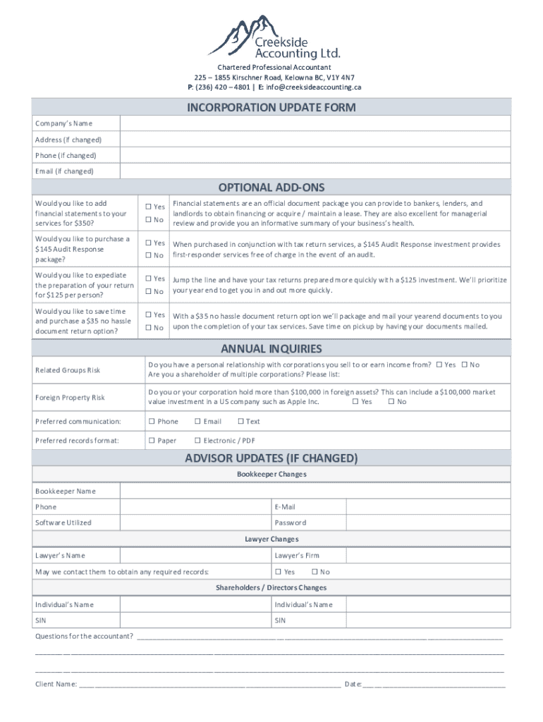 Fillable Online PERSONAL TAX UPDATE FORM SERVICE PREFERENCES HIGH RISK ...