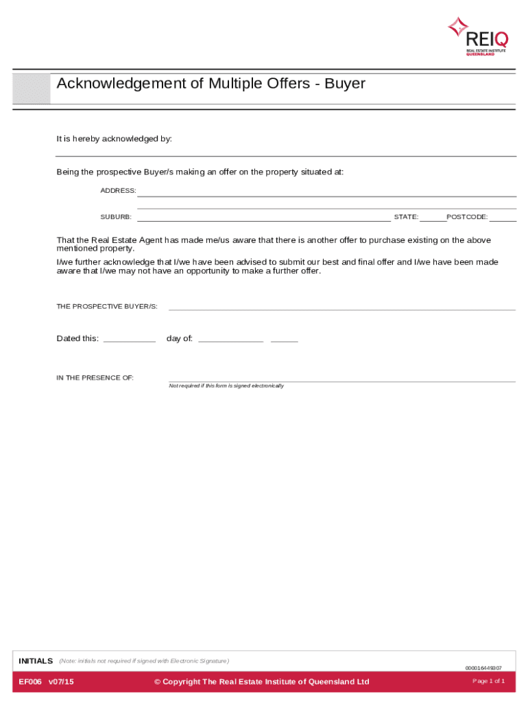 Fillable Online Acknowledgment of Multiple Offers - Nerang's Real ...