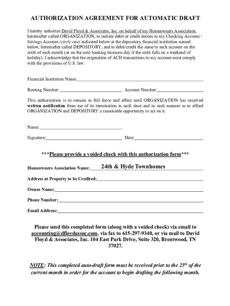 Fillable Online AUTHORIZATION AGREEMENT FOR AUTOMATIC DRAFT Fax Email ...