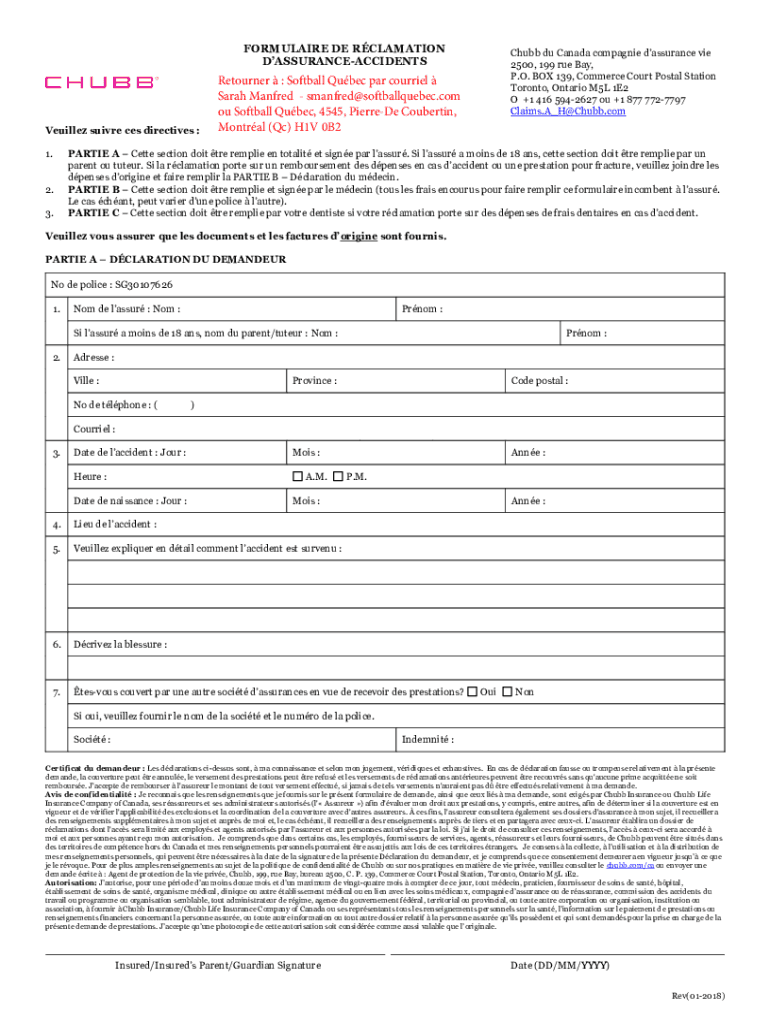 Remplissable En Ligne FORMULAIRE DE RCLAMATION DASSURANCE-ACCIDENTS O +1 416 ... Fax Email ...