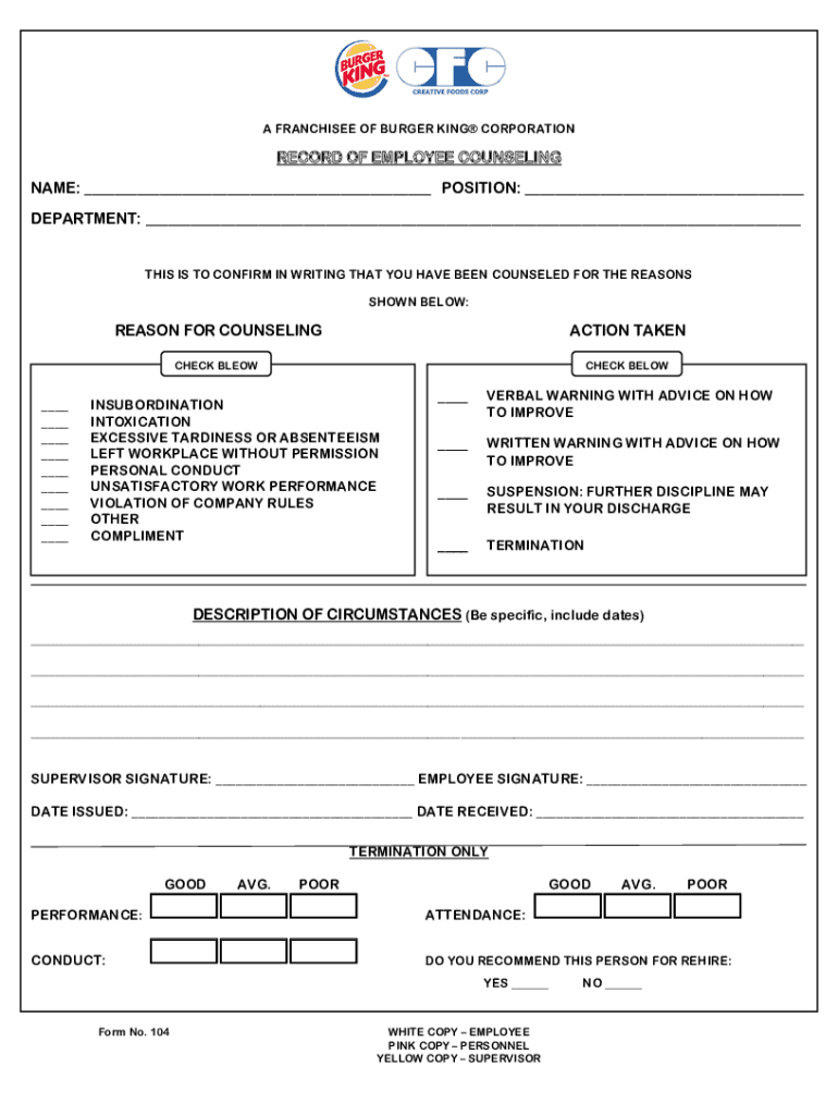 Fillable Online RECORD OF EMPLOYEE COUNSELING - of Employee...RECORD OF ...