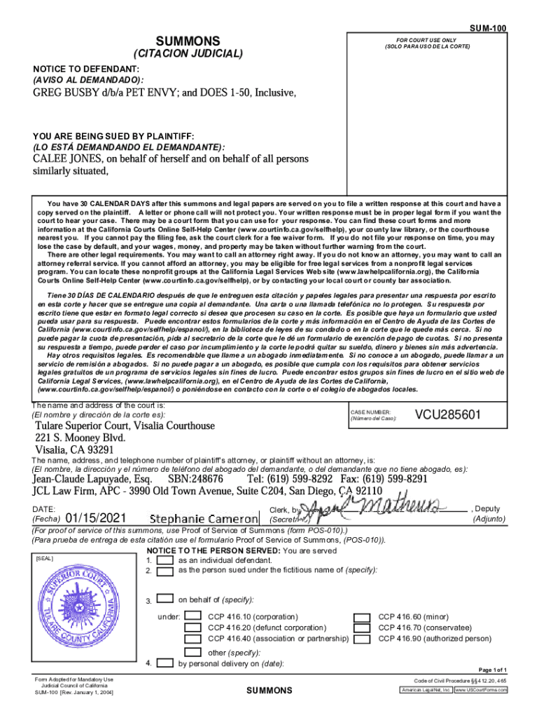 Fillable Online SUMMONS SUM-100 (CITACION JUDICIAL) (SOLO PARA USO DE LA ... Fax Email Print ...