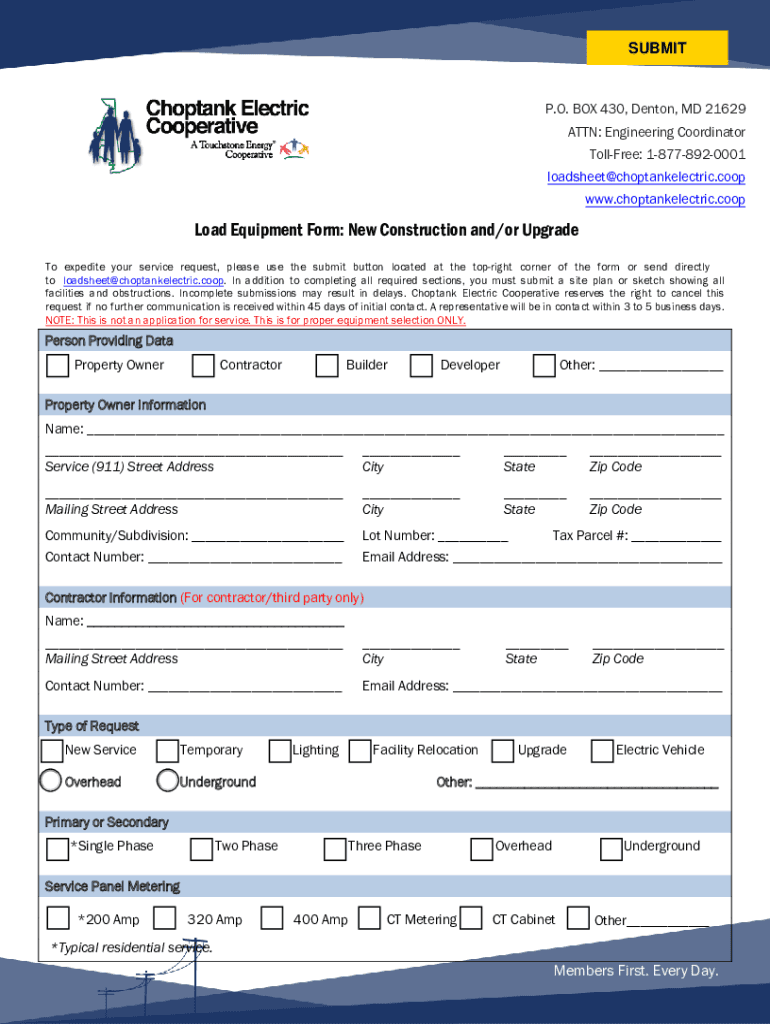 Fillable Online Load Equipment Form: New Construction and/or Upgrade ...