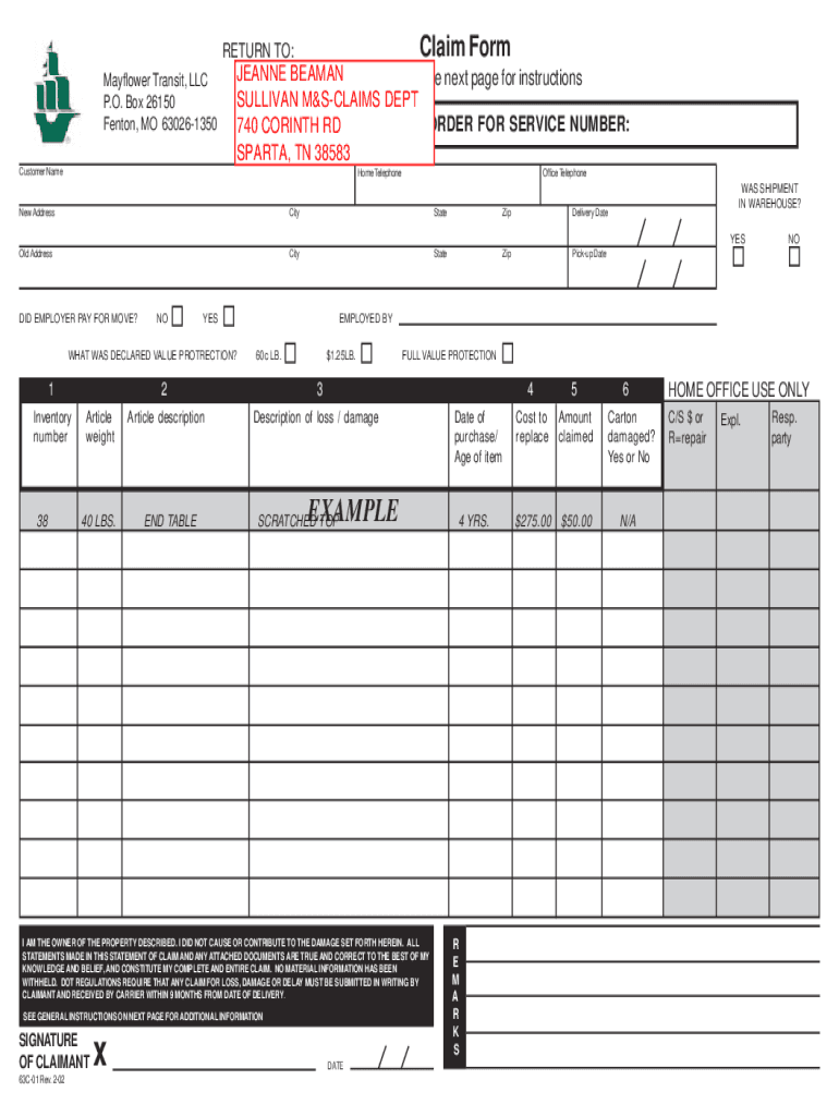 Fillable Online Mayflower Claims - Fill Online, Printable, Fillable ...