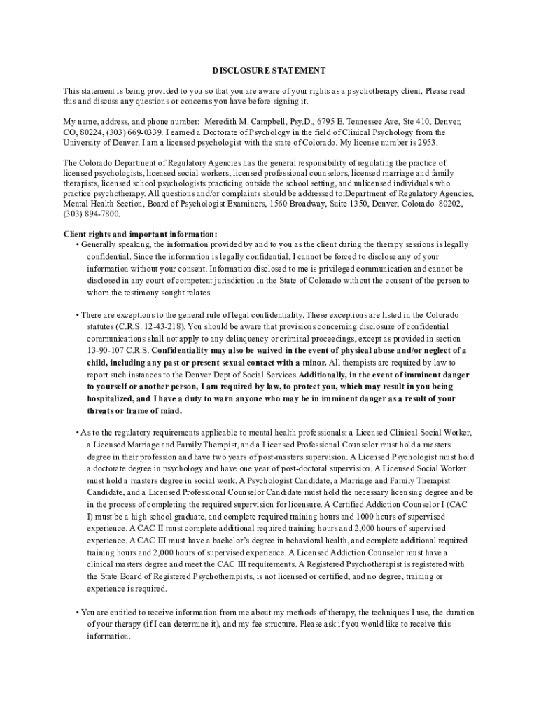 Fillable Online Therapist Professional Disclosure Statement - Tamara ...
