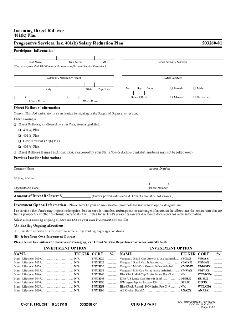 Fillable Online Incoming Direct Rollover 401(k) Plan Progressive ...