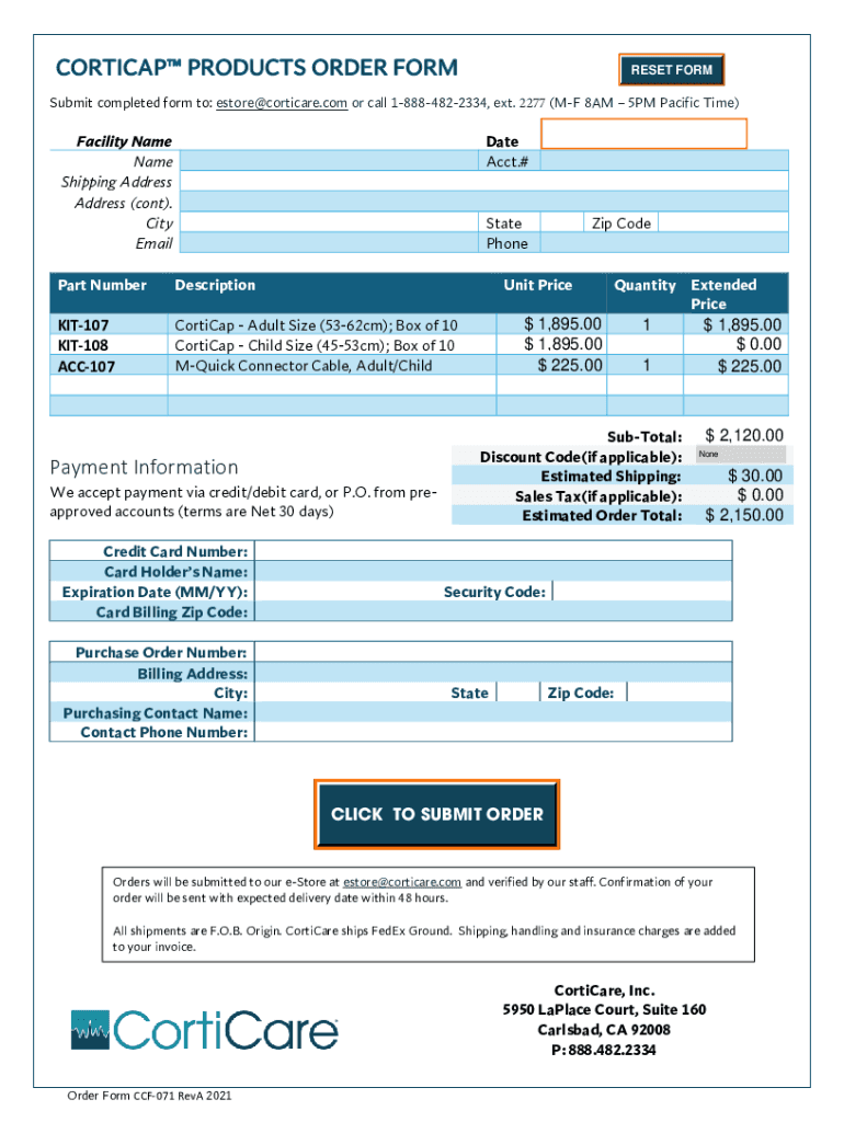 Fillable Online CORTICAP PRODUCTS ORDER FORM Rev3 CortiCare Fax Email ...