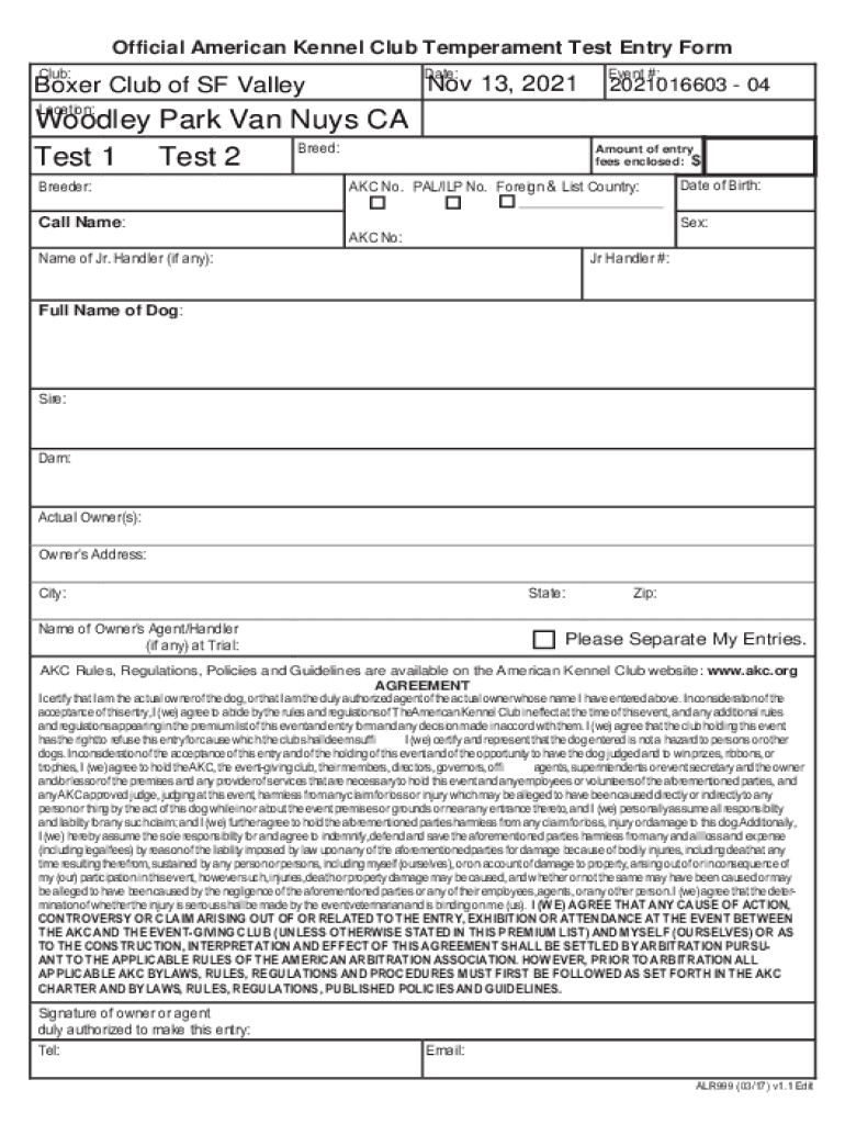 Fillable Online Official American Kennel Club Temperament Test Entry ...
