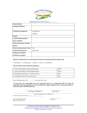 Fillable Online Membership Form/ Ficha De Scio - Casa dos Aores Fax ...