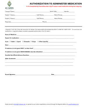 Fillable Online AUTHORIZATION TO ADMINISTER MEDICATION - Day Camps for ...