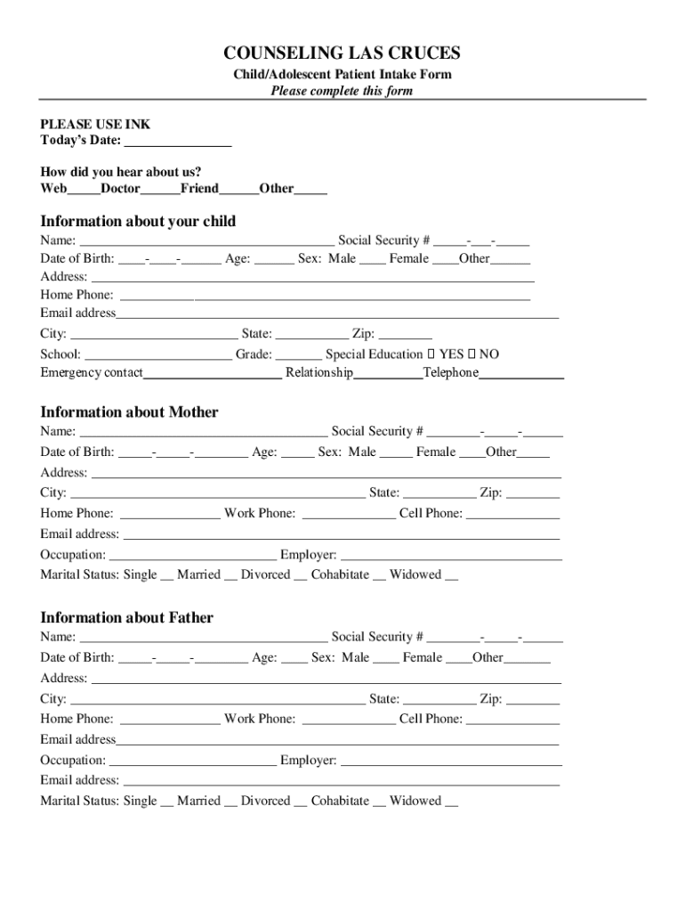 Fillable Online Child/Adolescent Patient Intake Form Please complete ...