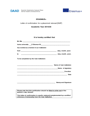 Fillable Online ERASMUS+ Letter of confirmation for student stay abroad ...