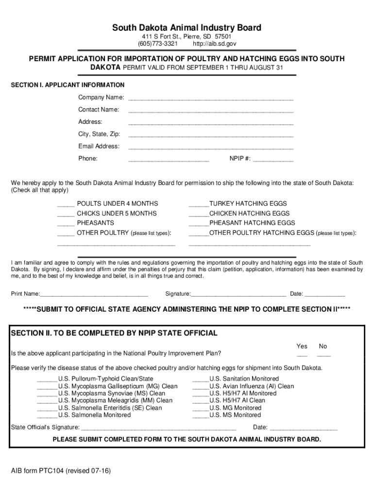 Fillable Online aib sd PERMIT APPLICATION FOR IMPORTATION OF POULTRY ...