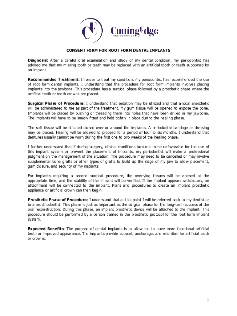 Fillable Online Consent for Root Form Dental Implants - Park Family Dental Fax Email Print ...