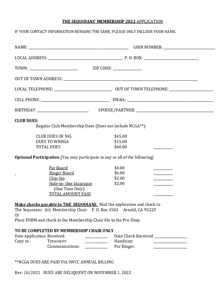 Fillable Online THE SEQUOIANS MEMBERSHIP 2022 APPLICATION/RENEWAL Fax ...