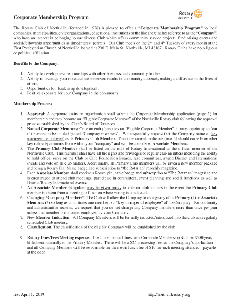 Fillable Online Rotary Corporate Membership ProgramRotary Club of ...