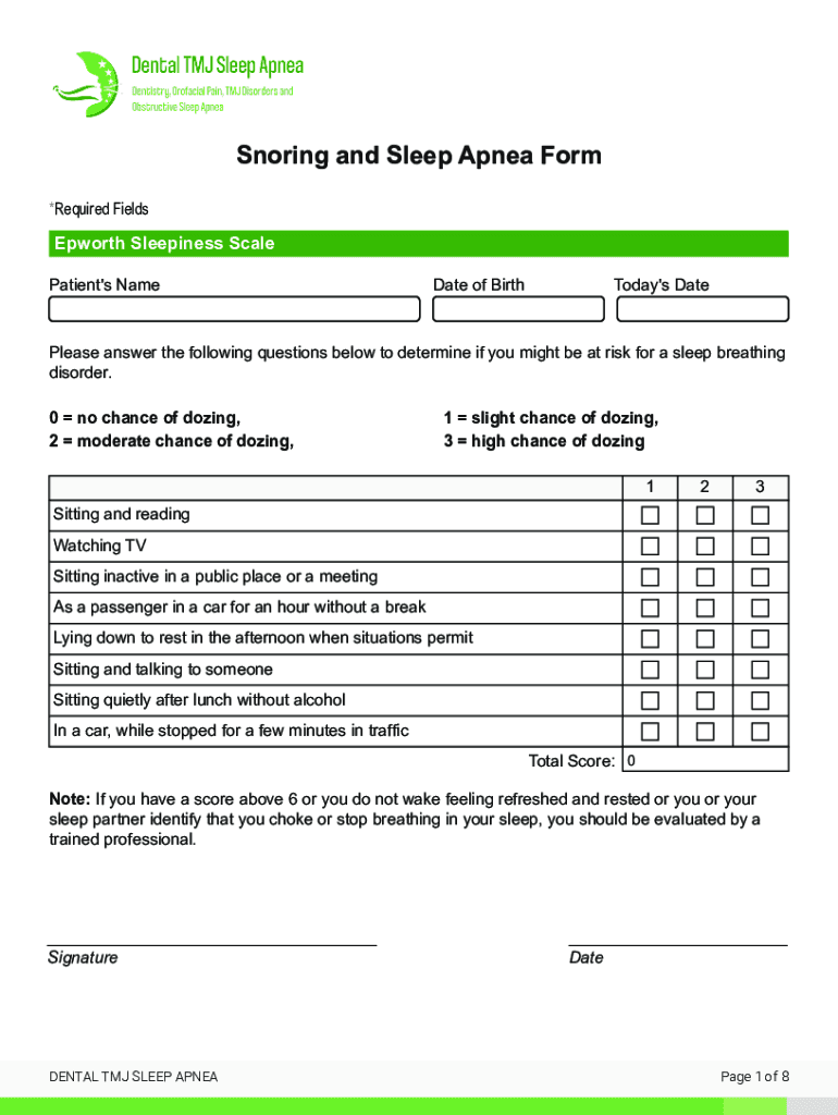 Fillable Online Snoring and Sleep Apnea Form Fax Email Print - pdfFiller