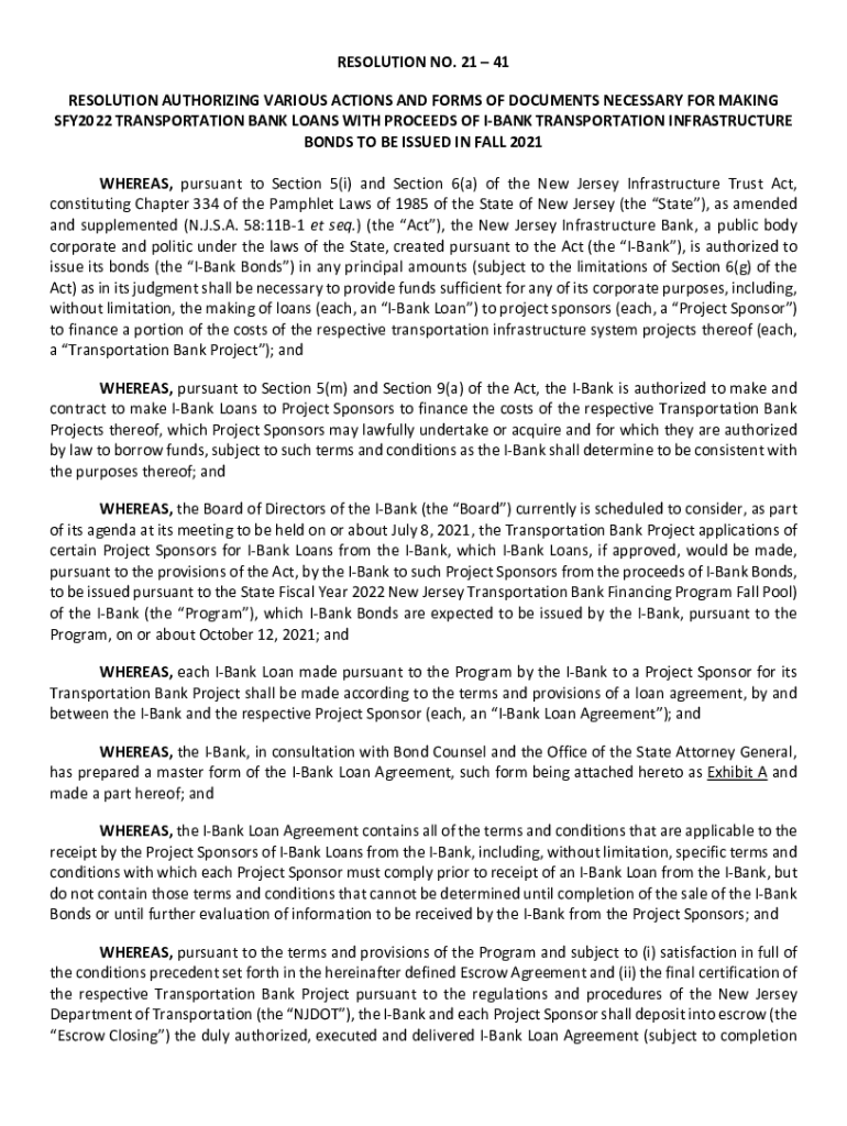 Fillable Online RESOLUTION NO. 21 41 RESOLUTION AUTHORIZING VARIOUS ... Fax Email Print - pdfFiller