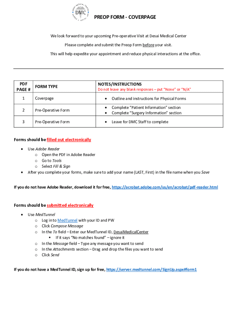 Fillable Online PREOP FORM - COVERPAGE Fax Email Print - pdfFiller