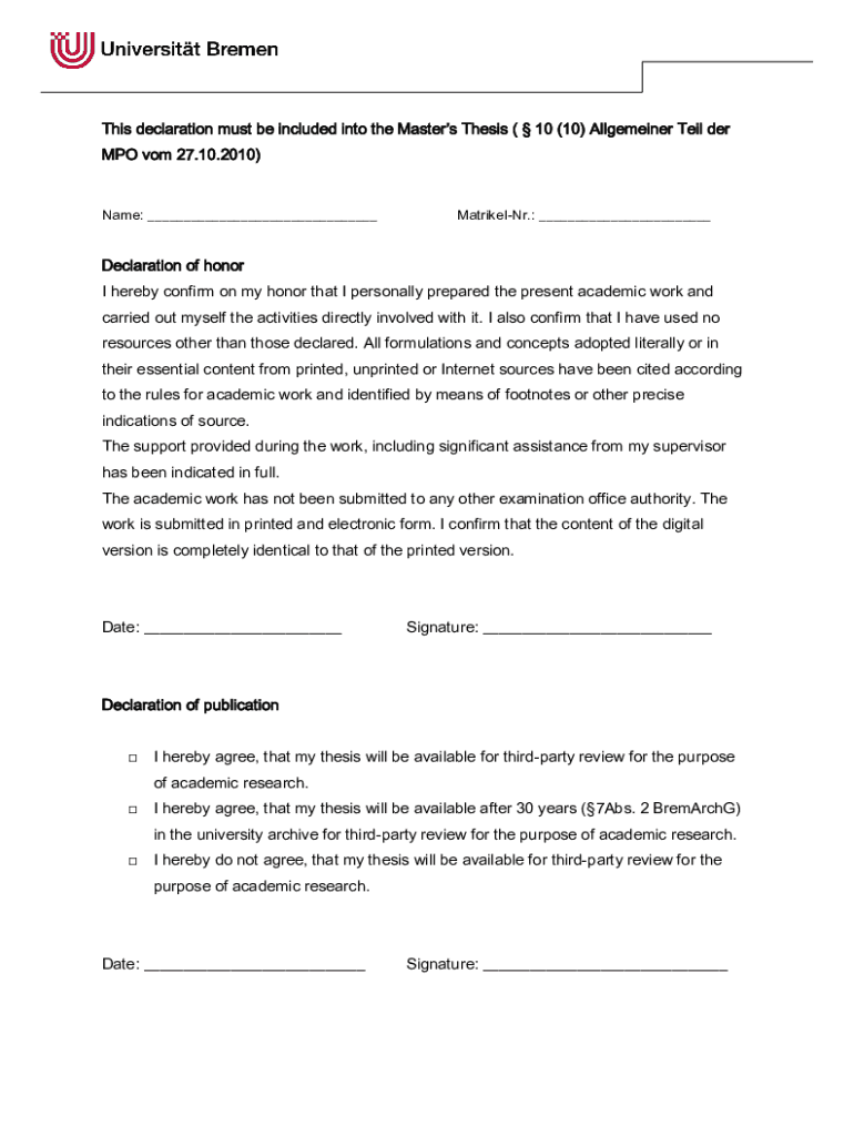 Fillable Online This declaration must be included into the Masters ...