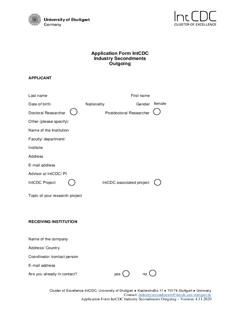 Fillable Online Application Form IntCDC Industry Secondments Outgoing ...