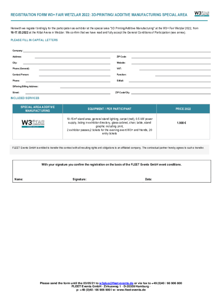 Fillable Online REGISTRATION FORM W3+ FAIR WETZLAR 2022: 3D-PRINTING ...