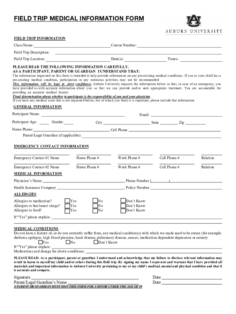 Fillable Online FIELD TRIP MEDICAL INFORMATION FORM Fax Email Print ...